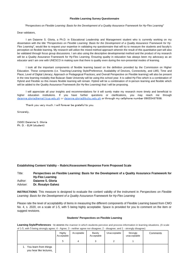 Updated - Flexible Learning Survey Questionnaire | PDF