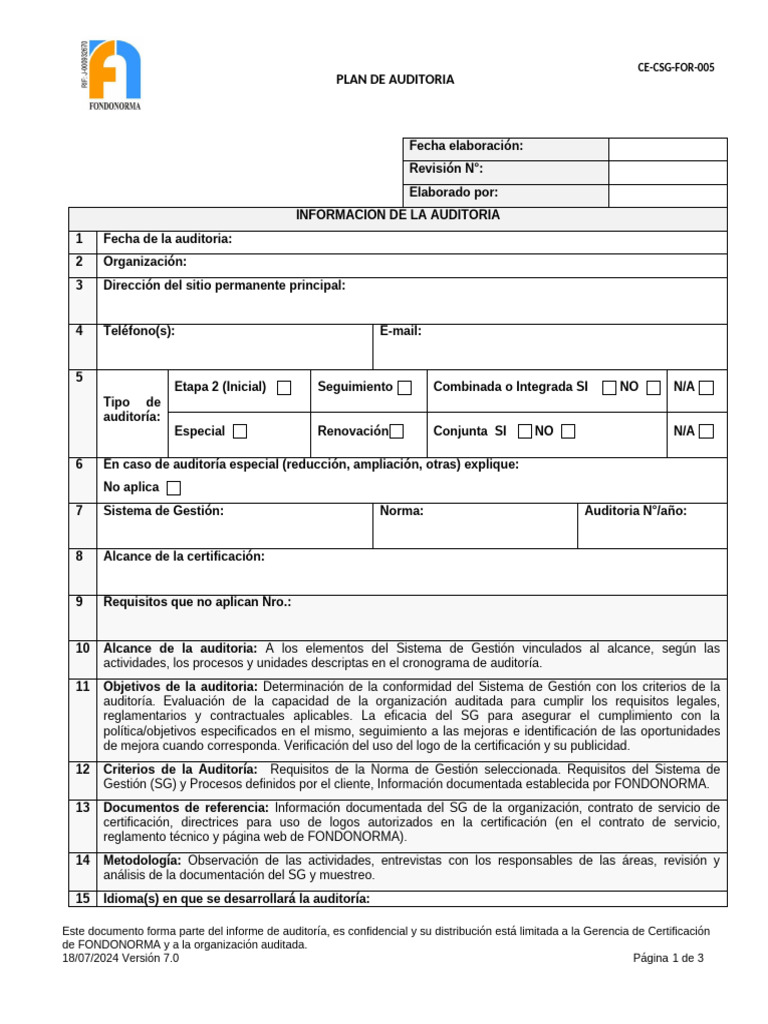 CE-CSG-FOR-005 Plan de Auditoría de SGC 2024 | PDF