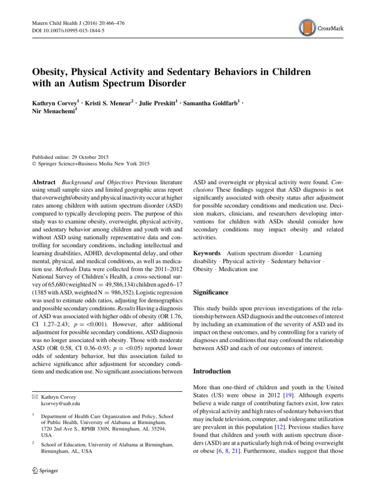Corvey Et Al. 2015 - Obesity, Physical Activity and Sedentary Behaviors ...