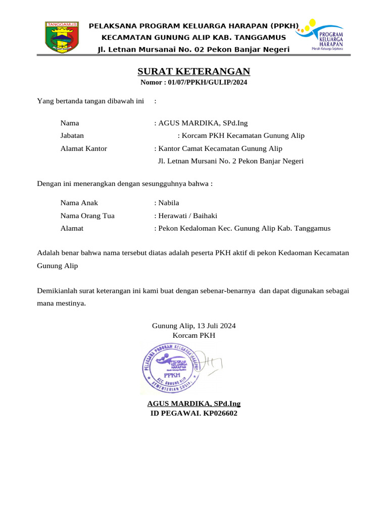 Surat Keterangan Peserta PKH Herawati KDL | PDF