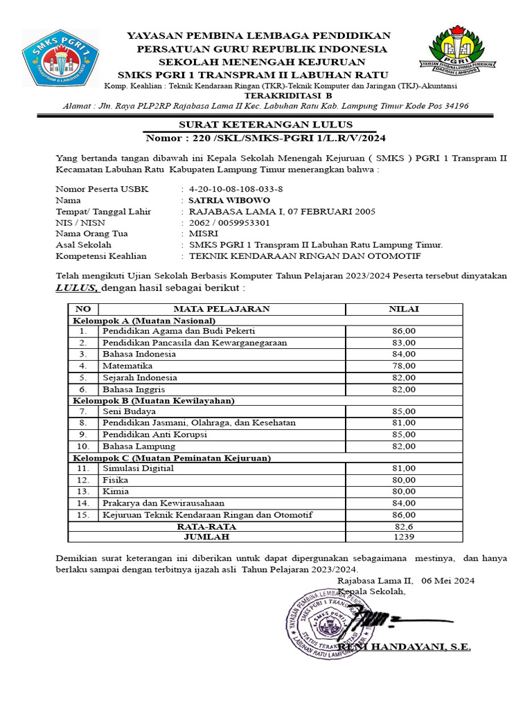 SKL Nilai Tkro 2024 | PDF