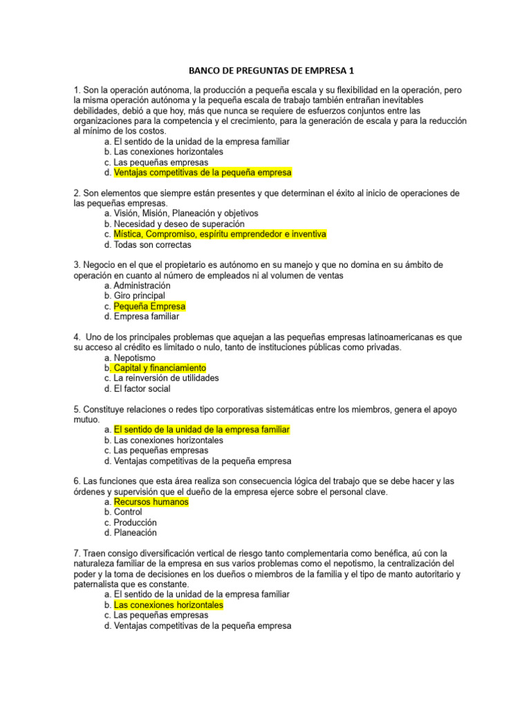 BANCO DE PREGUNTAS DE EMPRESA 1 | PDF