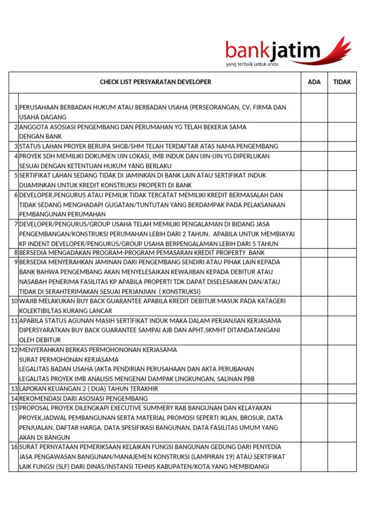 Check List Persyaratan Developer | PDF