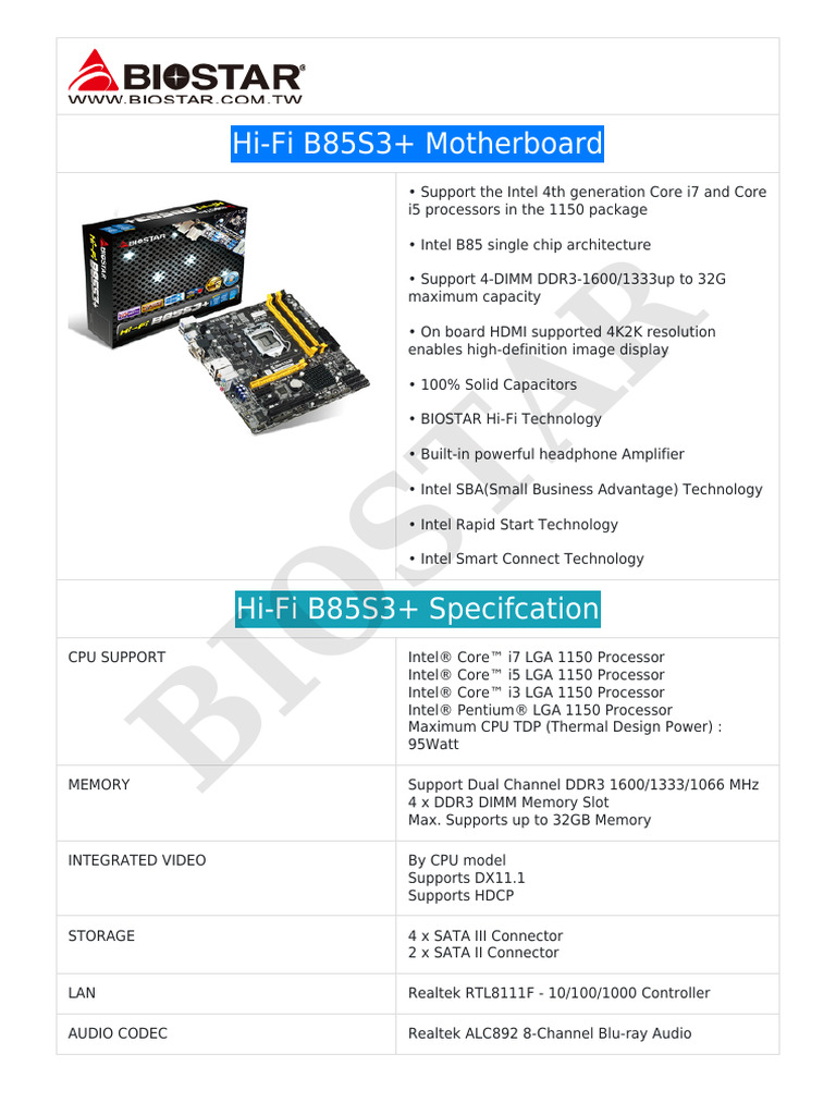 BIOSTAR Hi-Fi B85S3+ SPEC | PDF | Bios | Hdmi
