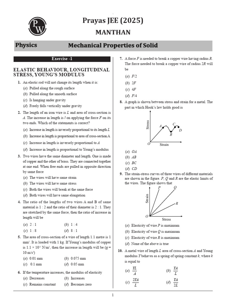 Mechanical Properties of Solid Standard Practice Sheet JEE Main | PDF