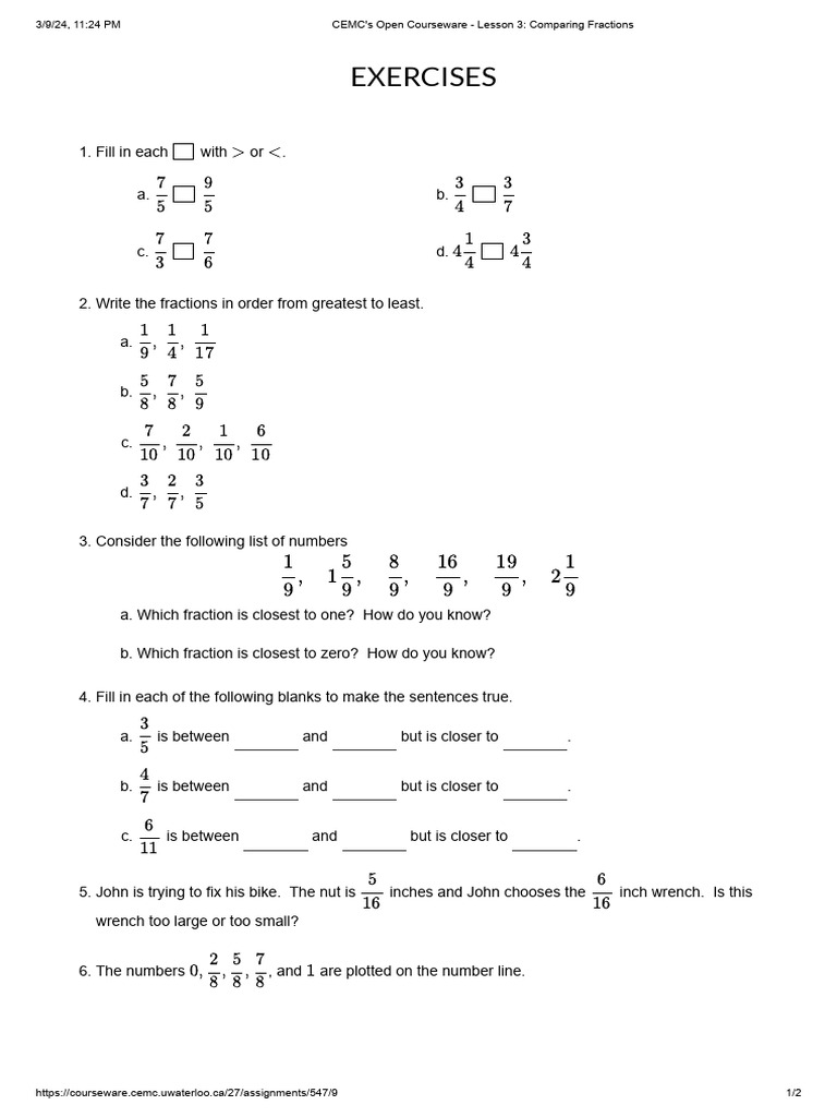 CEMC's Open Courseware - Lesson 3 - Comparing Fractions | PDF