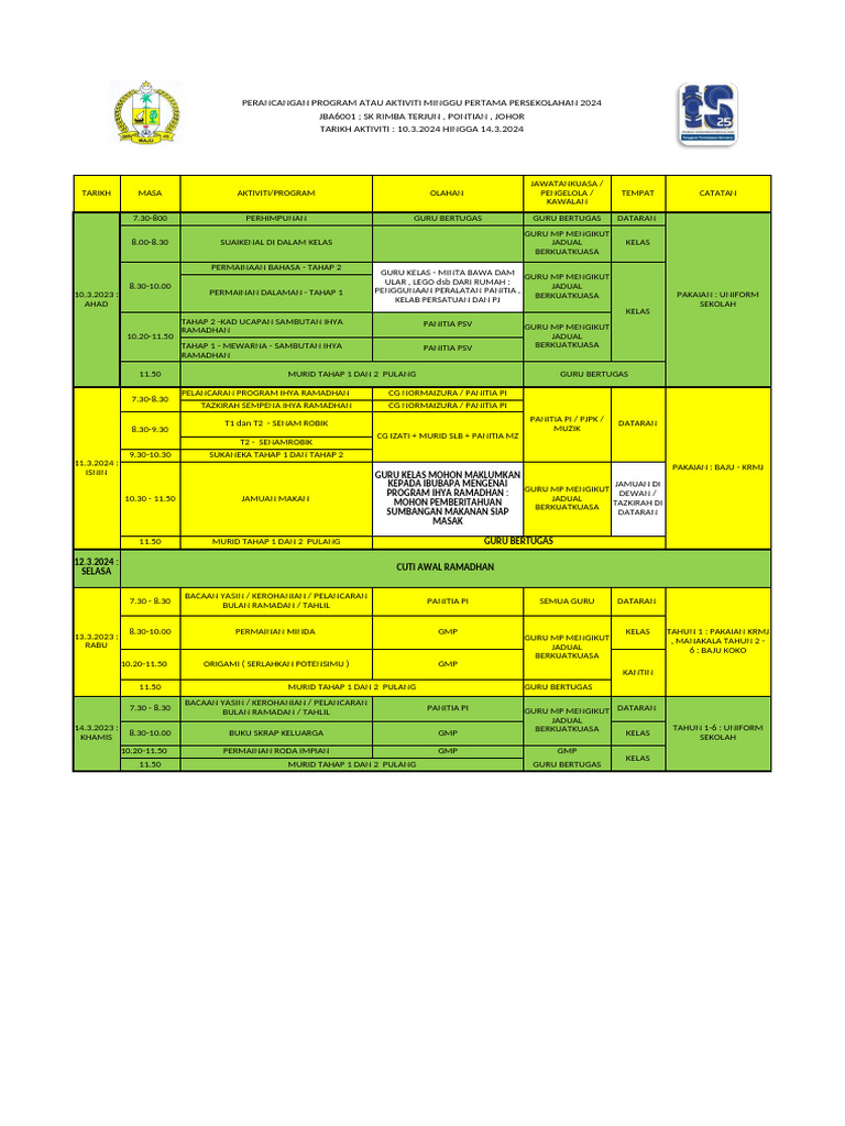 Perancangan Awal Minggu Persekolahan 2024 - Ubahsuai | PDF Perancangan Awal Minggu Persekolahan 2024 - Ubahsuai | PDF