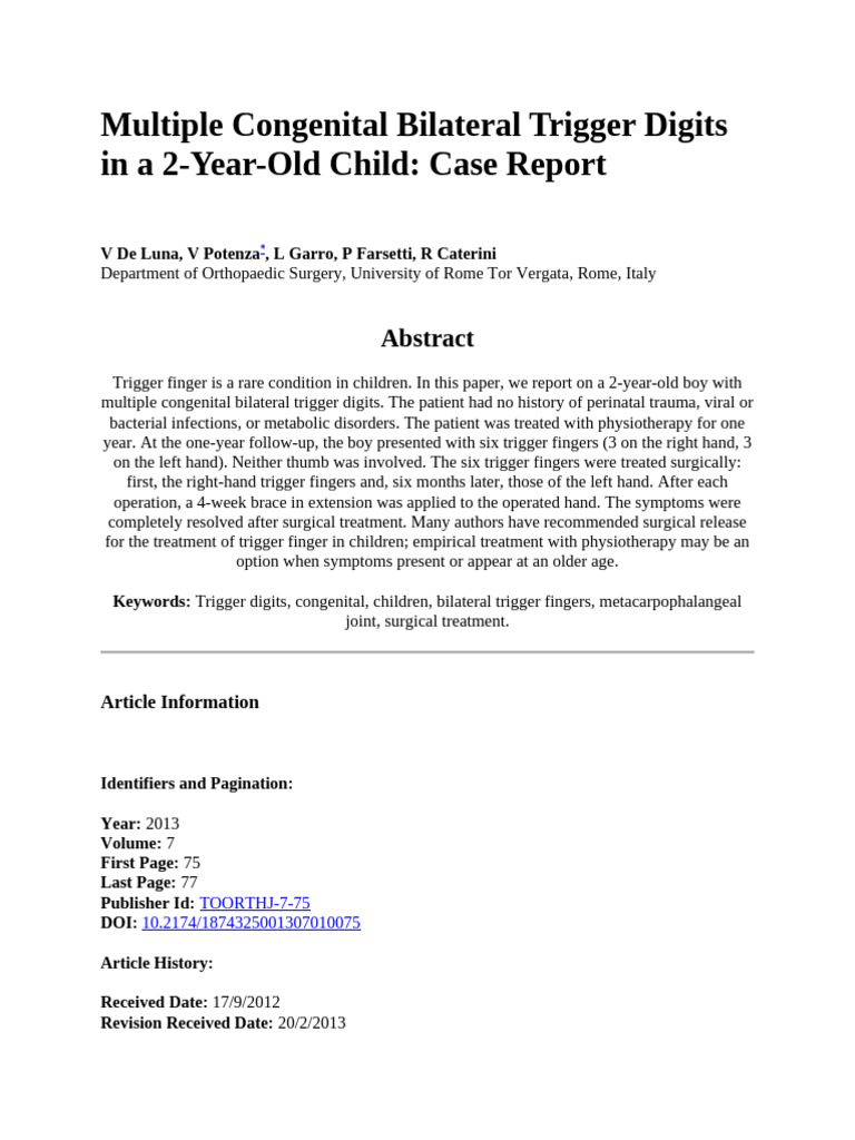Multiple Congenital Bilateral Trigger Digits in A 2 | PDF | Hand | Finger