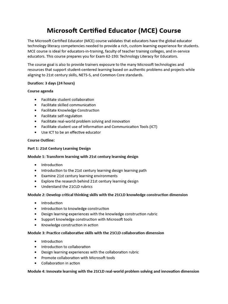 Microsoft Certified Educator (MCE) Course | PDF | Educational Technology | Career & Growth