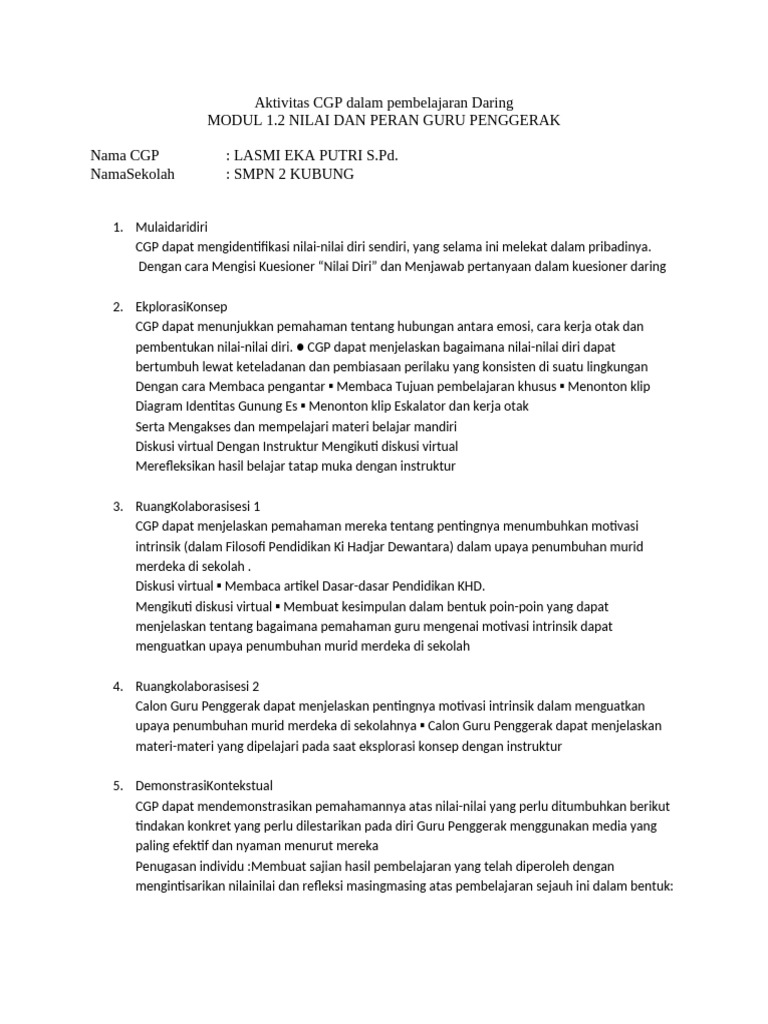 Aktivitas CGP Dalam Pembelajaran Daring Modul 1.2 | PDF