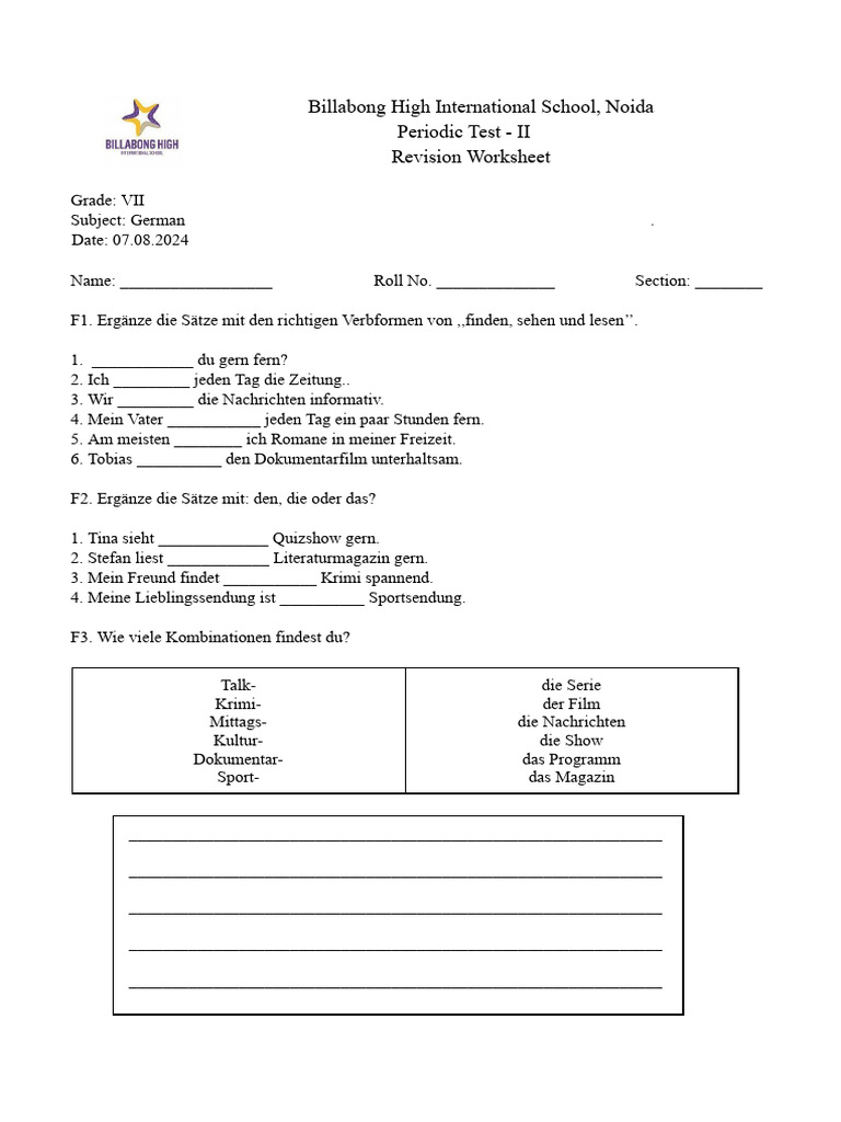 German Revision Worksheet - Grade7 - PT2 (AK Included) | PDF