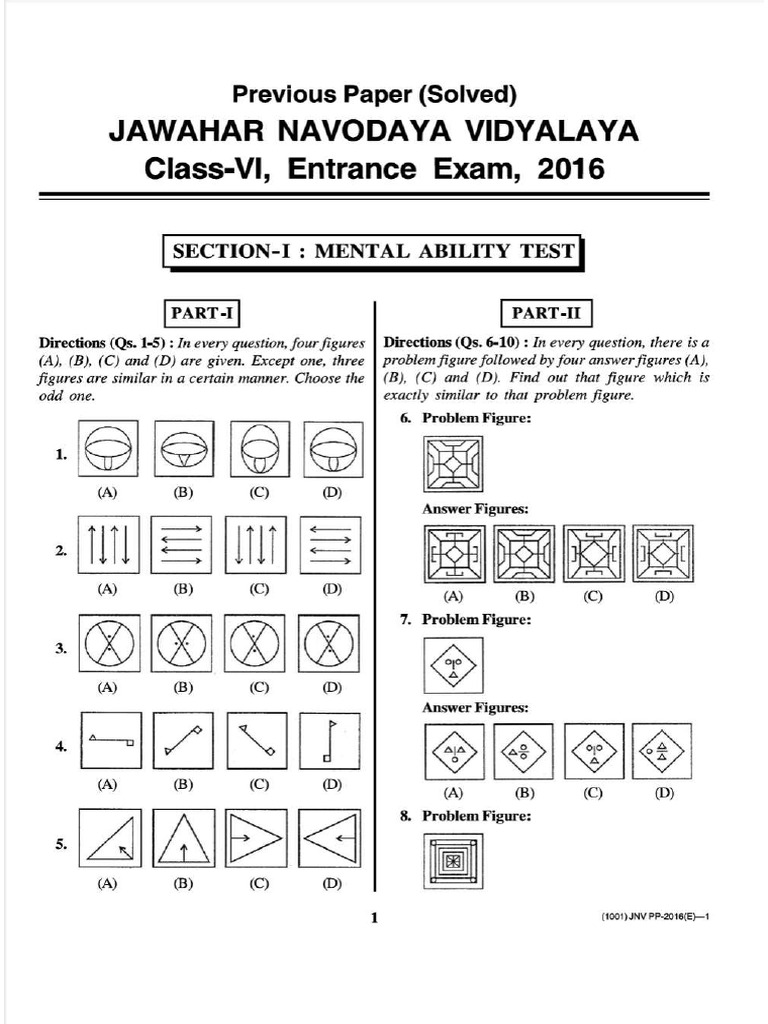 JNV Class 6 PYQs 2016 | PDF