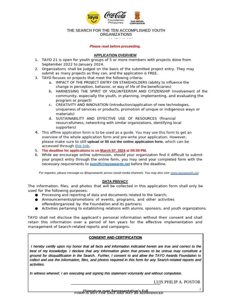 (Offline Form) Application Form For TAYO 21 | PDF