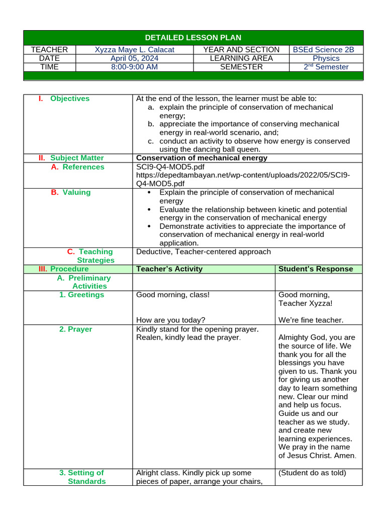 Conservation of Mechanical Energy (Explicit Detailed Lesson Plan) | PDF