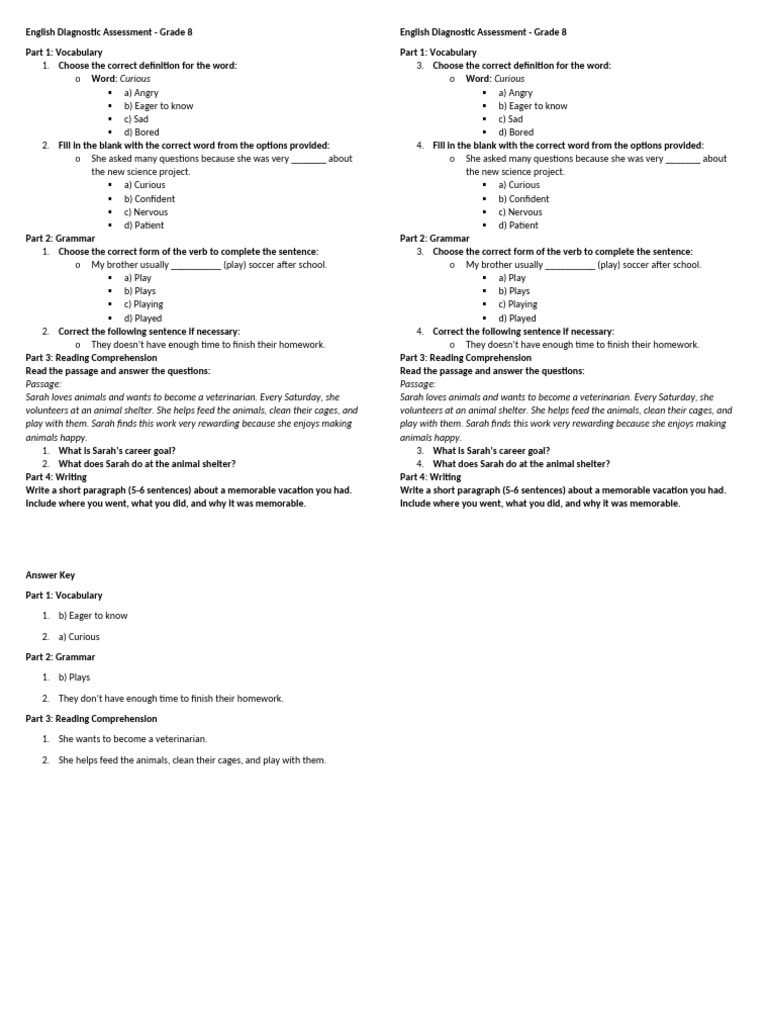 English Diagnostic Assessment | PDF | Vocabulary | Reading Comprehension