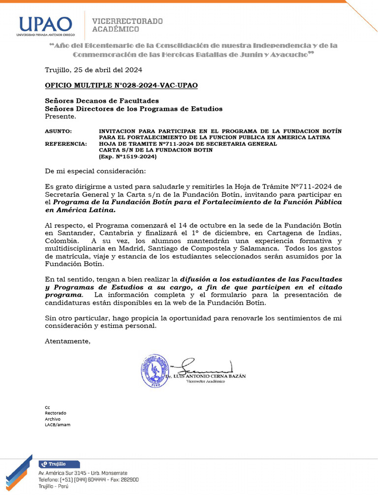 Oficio Multiple N°028-2024-Vac-Upao Señores Decanos de Facultades Señores Directores de Los ...