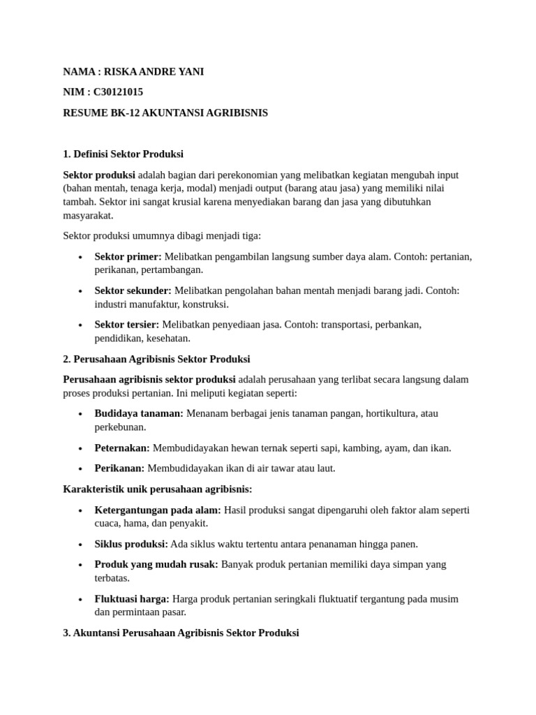 C30121015 RISKA ANDRE YANI (Resume 12 Agribisnis) | PDF
