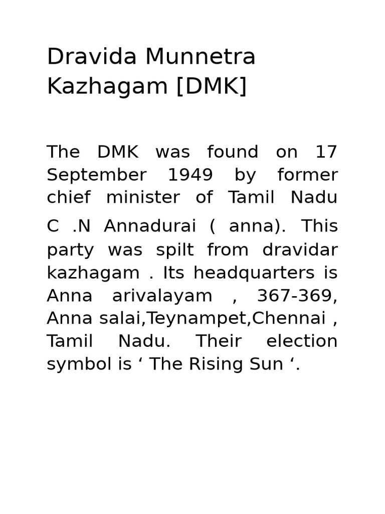 Dravida Munnetra Kazhagam (DMK) | PDF