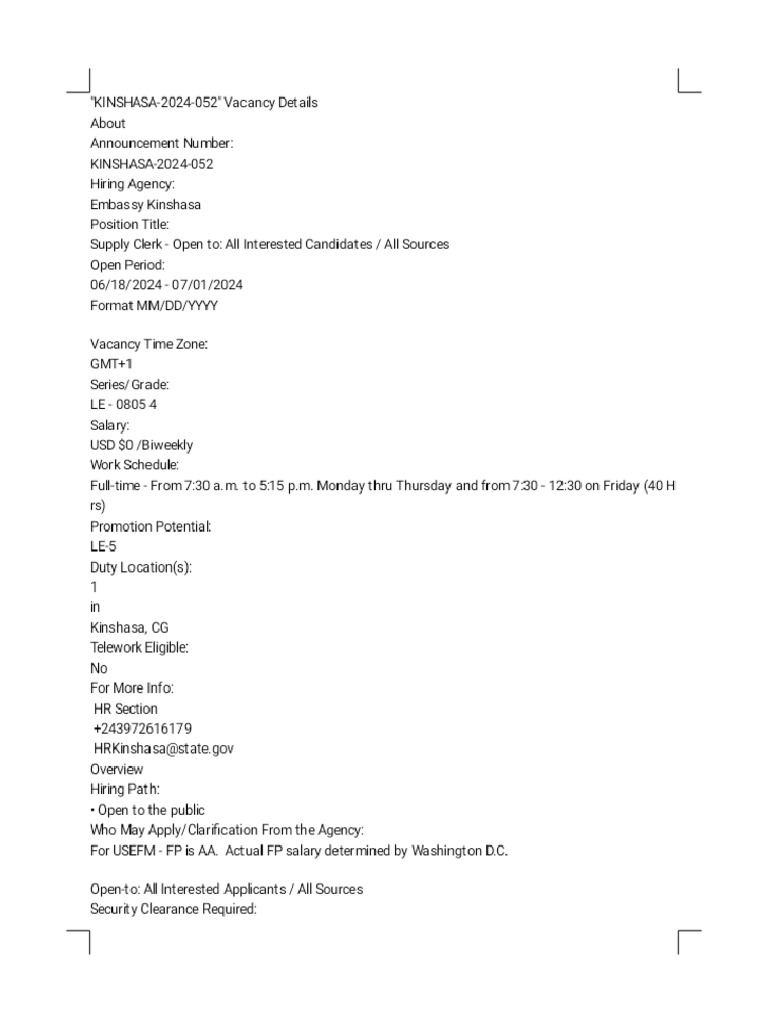 KINSHASA 2024 052 Vacancy Details_Phoenix | PDF