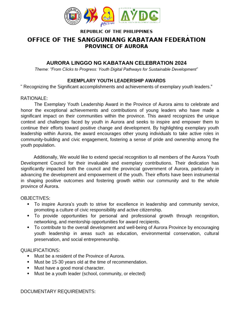Exemplary Youth Leadership Awards Pdf