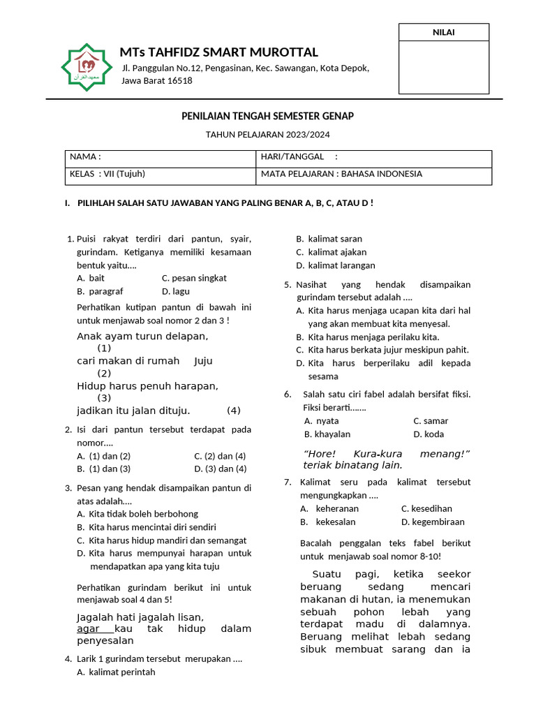 Soal PTS 2 Bindo Kelas 7 8 10 11 2024 | PDF