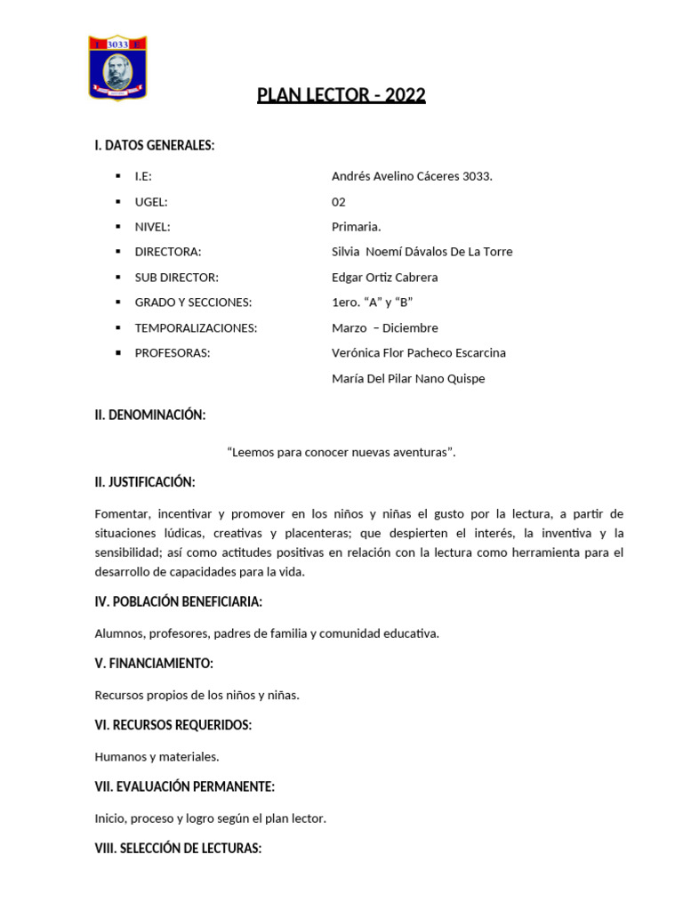 PLAN LECTOR 2022 - 1er GRADO A | PDF