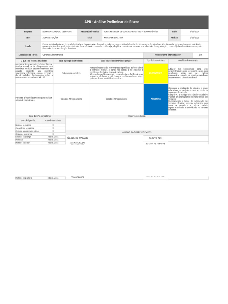 Modelo de Apr Analise Preliminar de Riscos em Planilha 2 | PDF