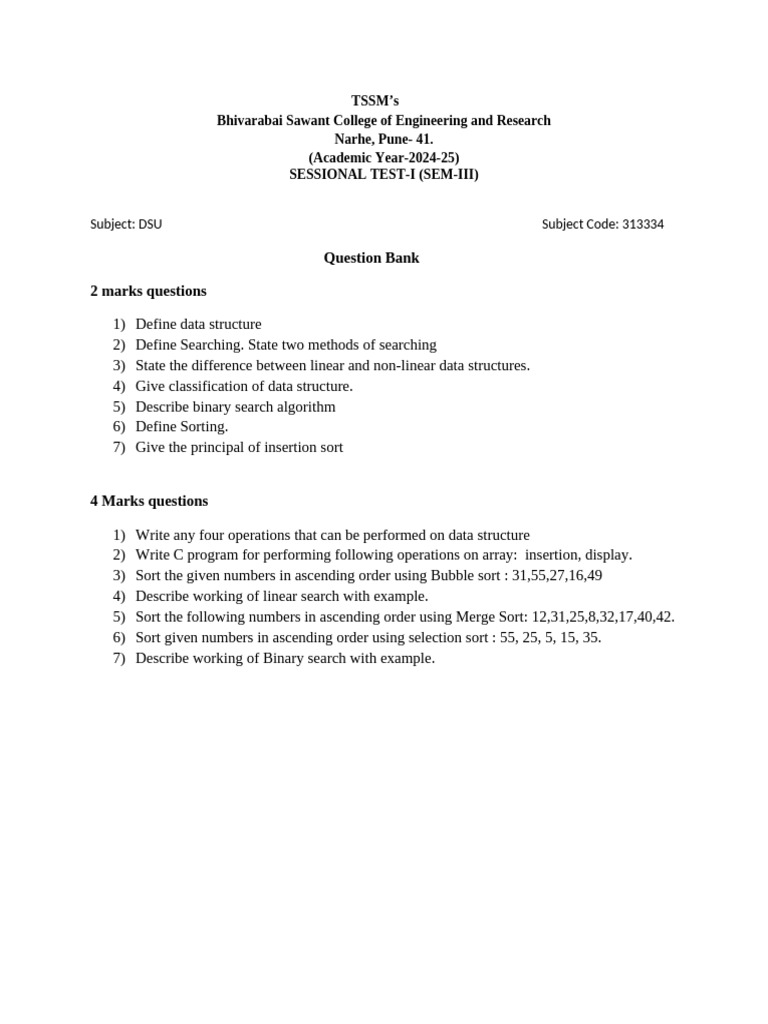 DSU Question Bank | PDF