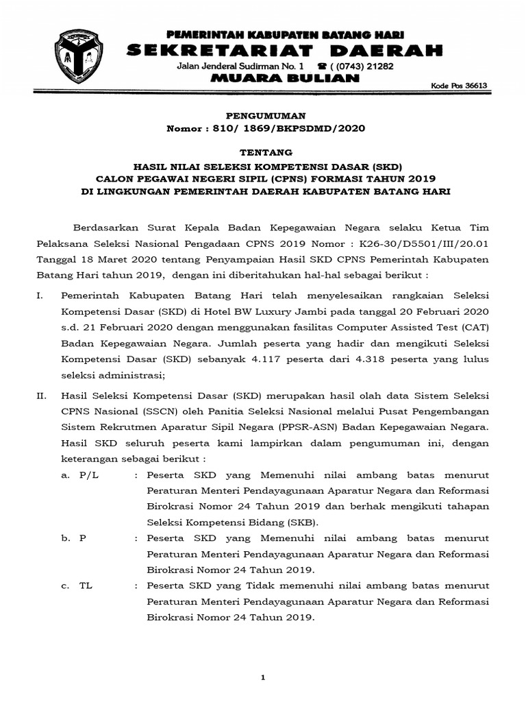 Pengumuman Hasil SKD 2019 | PDF