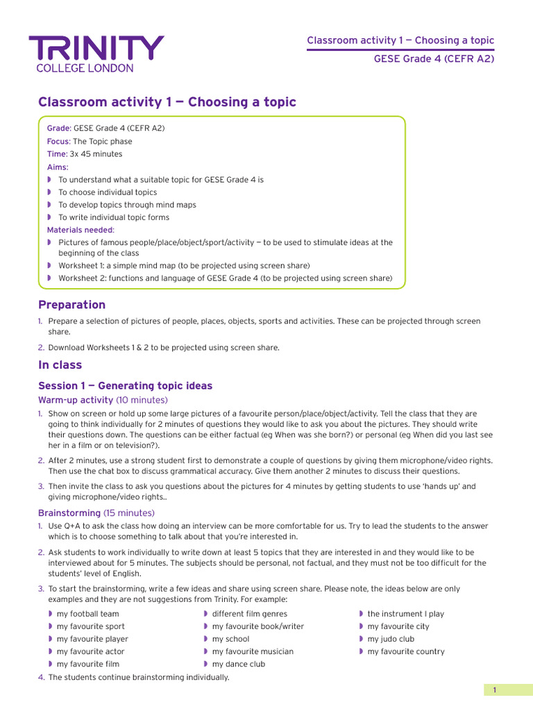 GESE G4 - Classroom Activity 1 - Choosing A Topic | PDF