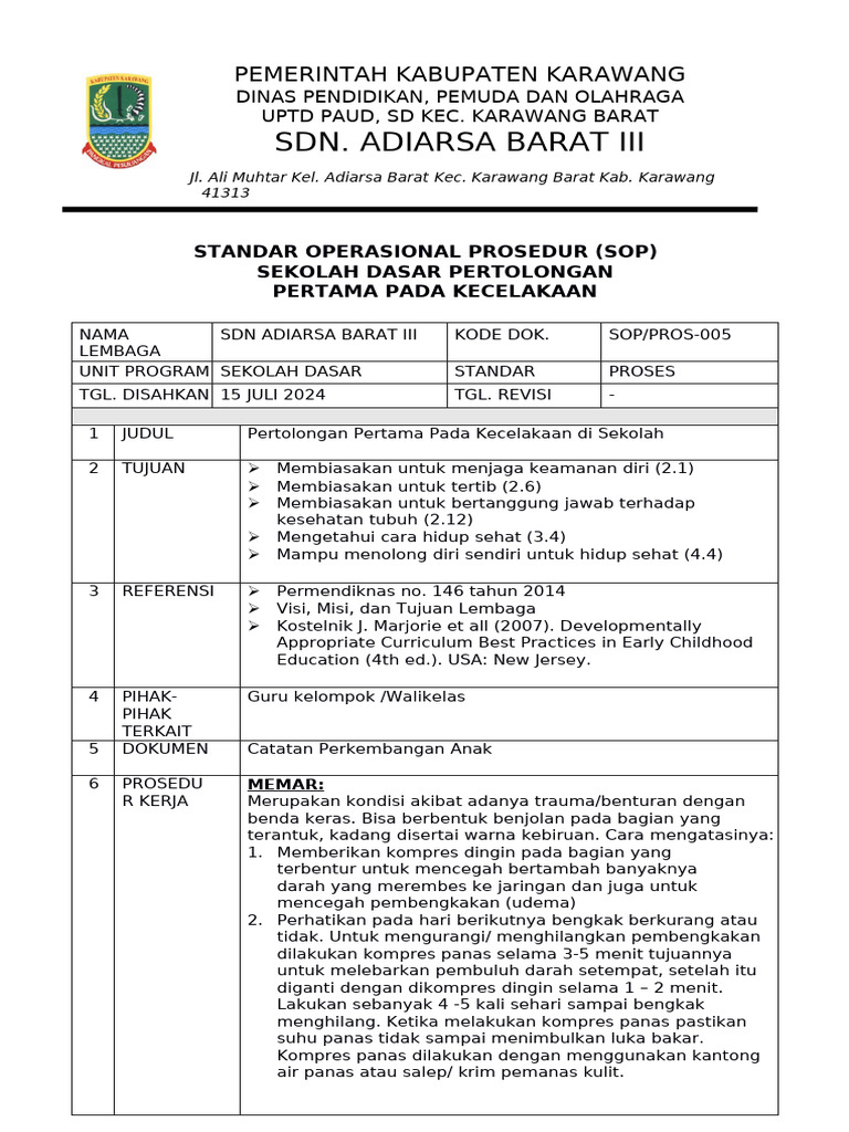 SOP SD Pertolongan Pertama Pada Kecelakaan (P3K) | PDF