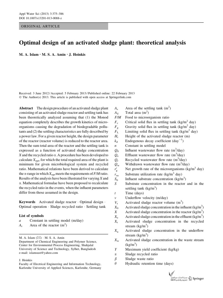 Optimal Design of An Activated Sludge Plant Theoretical Analysis | PDF