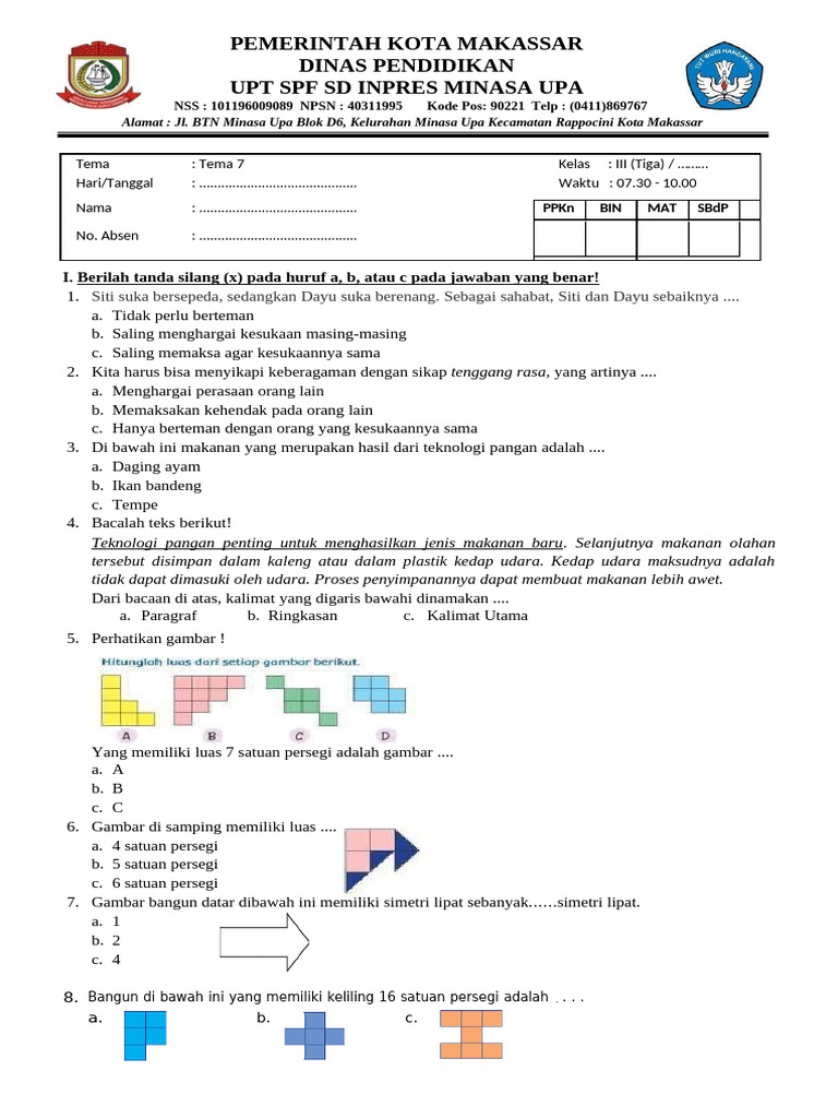Soal Uas Kelas 3 Tema 7 Sdi Minasa Upa | PDF