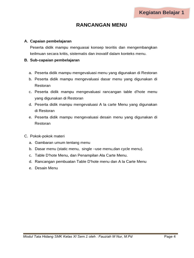 Modul KB 1 Rancangan Menu Fauziah M Nur | PDF