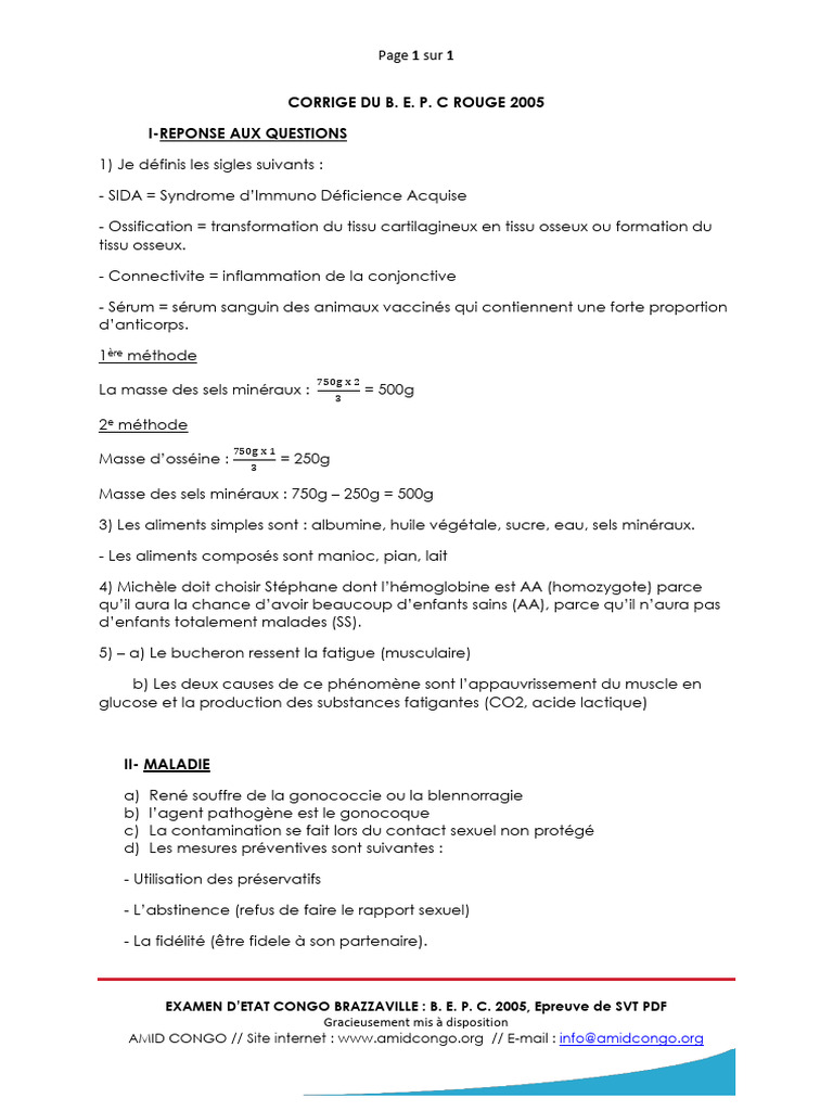 Corrigé Bepc Rouge Solution 2005 SVT | PDF