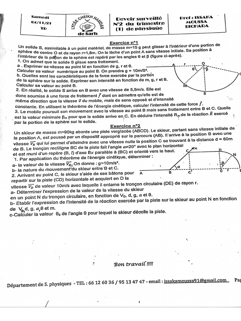 Devoirs Physiques T°D Corrigés | PDF