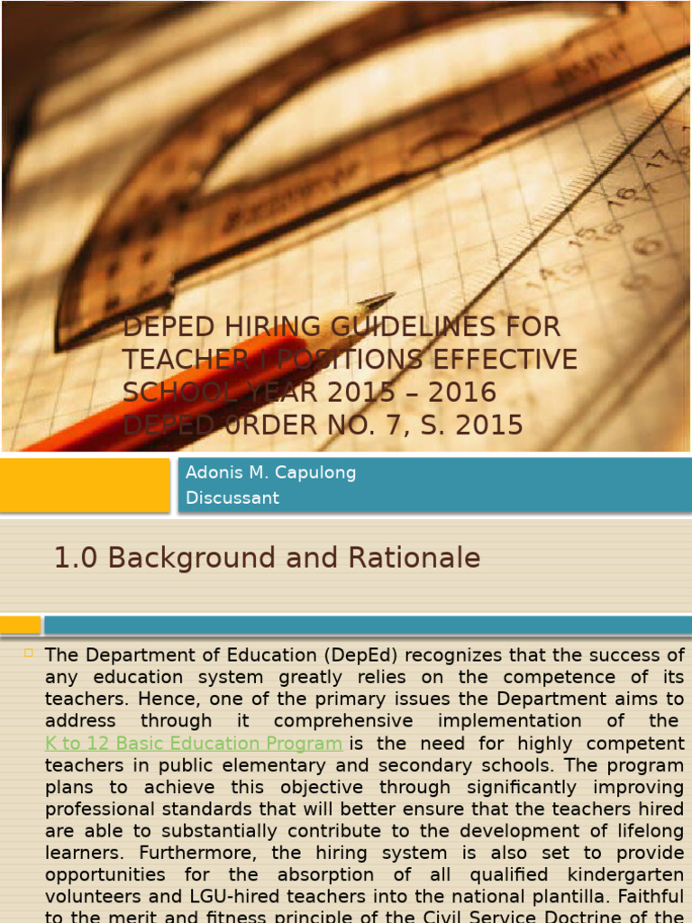 DepEd Hiring Guidelines For Teacher I Positions Effective | PDF