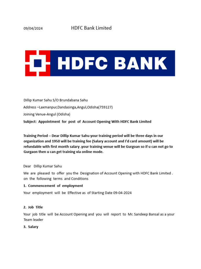 Appointment Letter HDFC | PDF