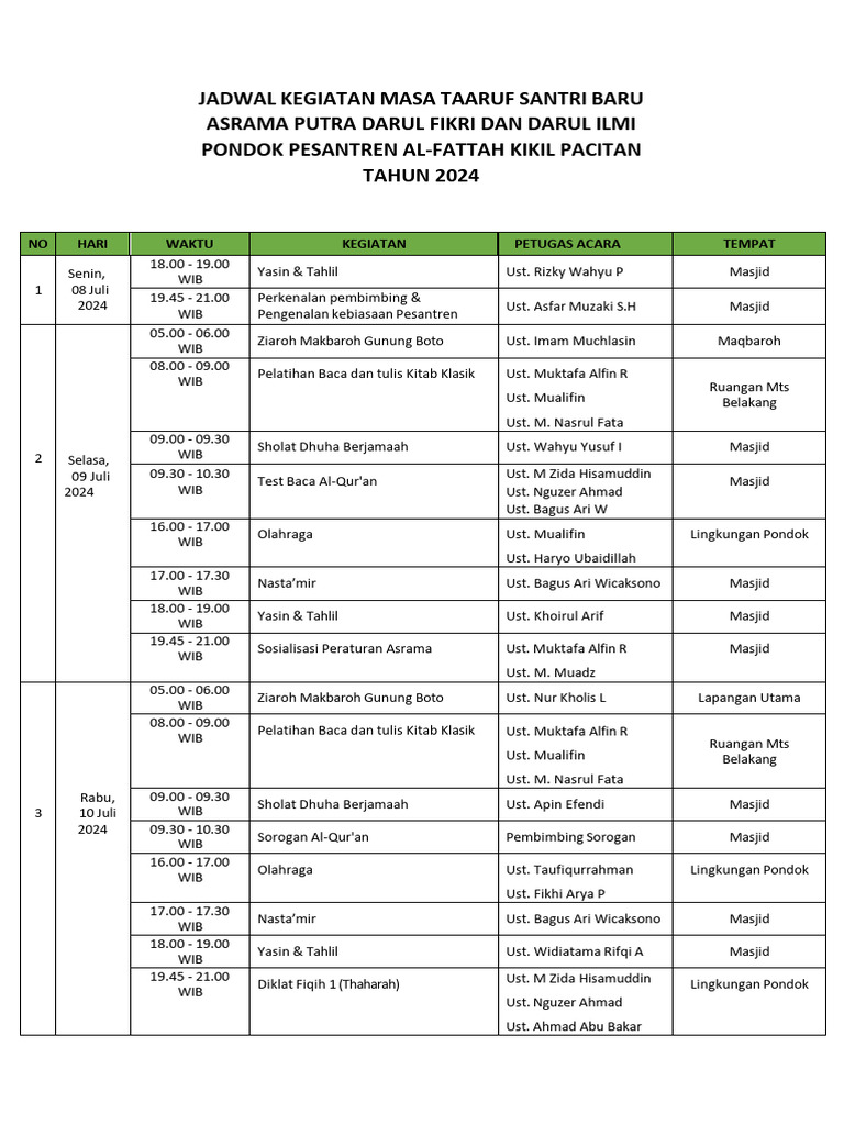 Jadwal Kegiatan Matasba Asrama Putra Tahun 2024-1 | PDF