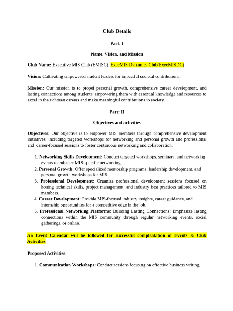 Executive MIS Club (Club Details) | PDF