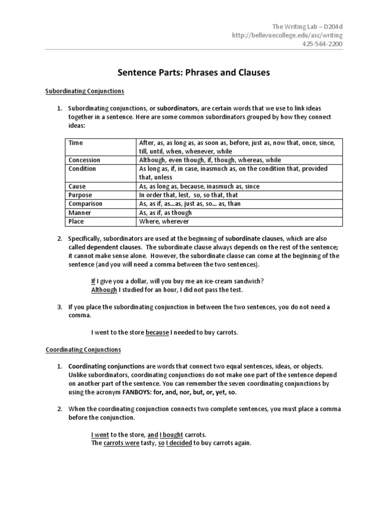 Sentence Parts: Phrases and Clauses: The Writing Lab - D204d 425-564 ...