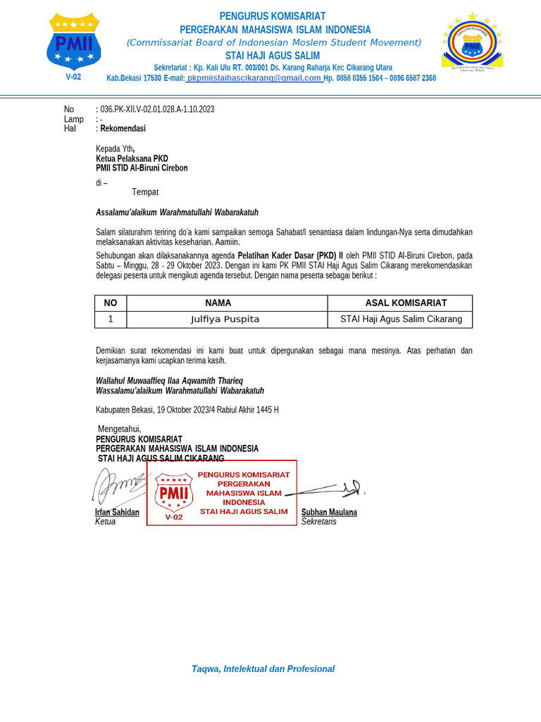 036 - Surat Rekomendasi PKD STID Al Biruni Cirebon 2023 | PDF