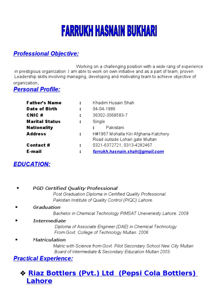 CV Farrukh Hasnain Bukhari | PDF | Quality Assurance | Production And Manufacturing
