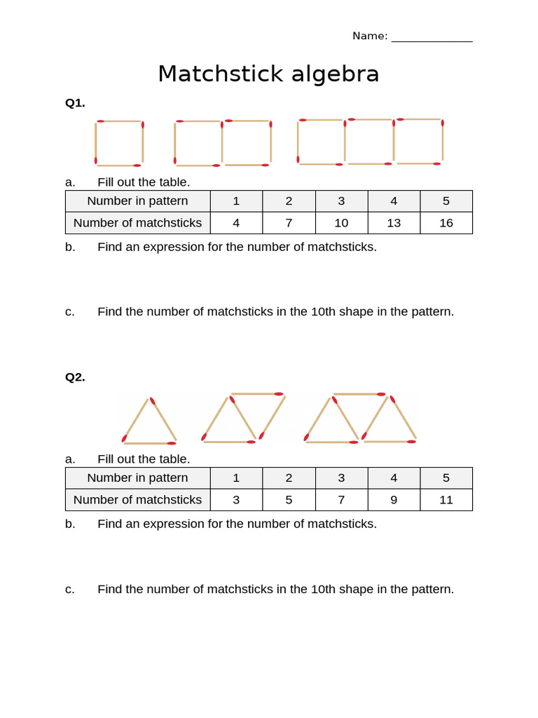 7 Matchstick Algebra Worksheet (Patterns and Algebra) | PDF