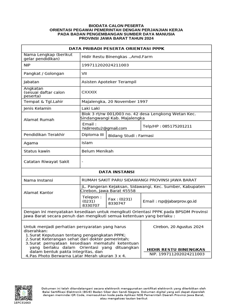 Surat Kesediaan Peserta Orientasi PPPK 2024 | PDF