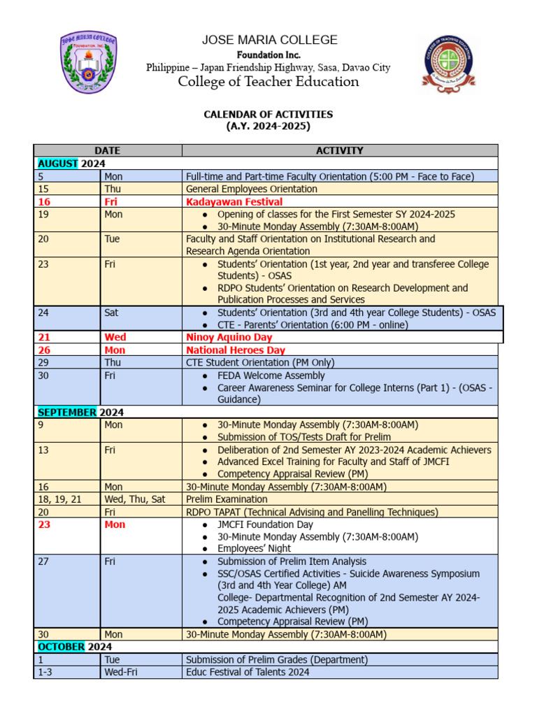 CTE Calendar of Activities S.Y 2024 2025. | PDF