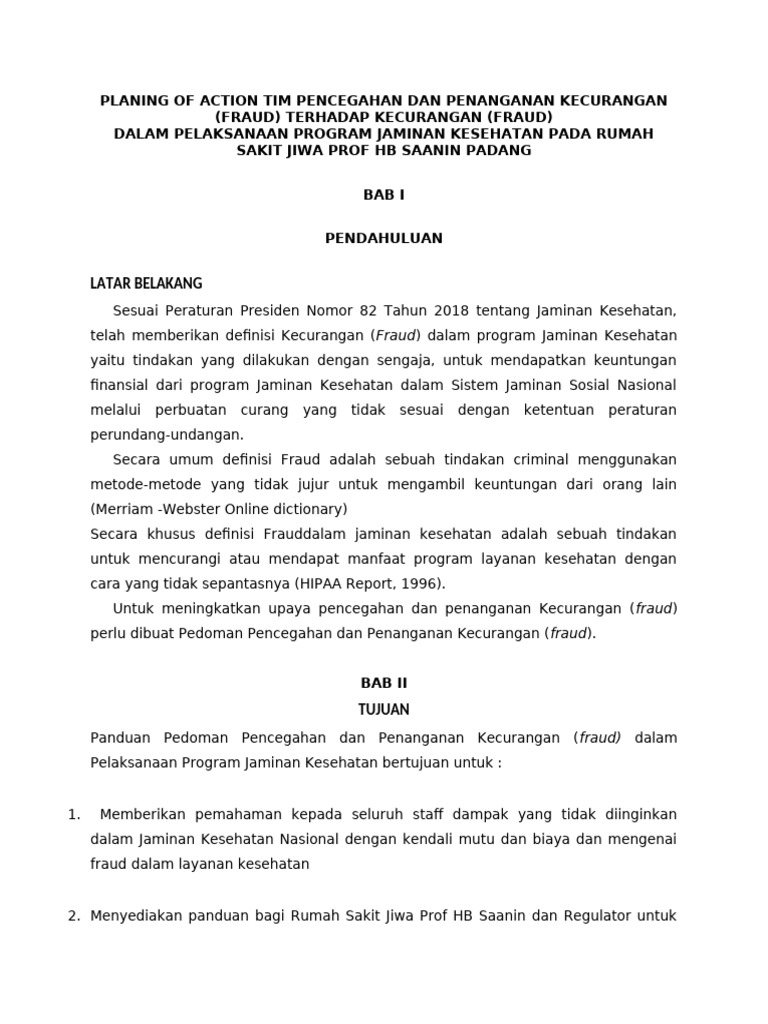 Pedoman Kerja Tim Pencegahan Dan Penanganan Kecurangan Rsj Pdf