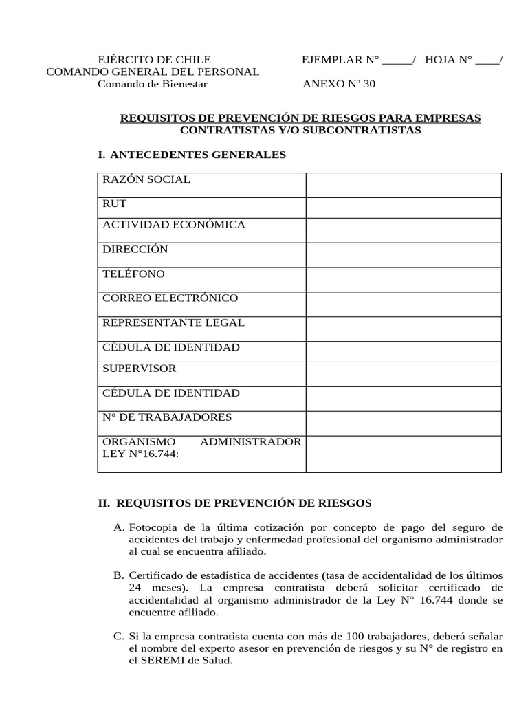 30 - Anexo #30 Requisitos para Empresas Contratistas (Formato) | PDF | Documento de identidad ...