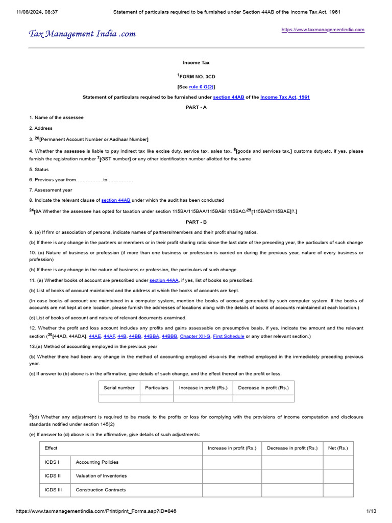Statement of Particulars Required To Be Furnished Under Section 44AB of The Income Tax Act, 1961 ...