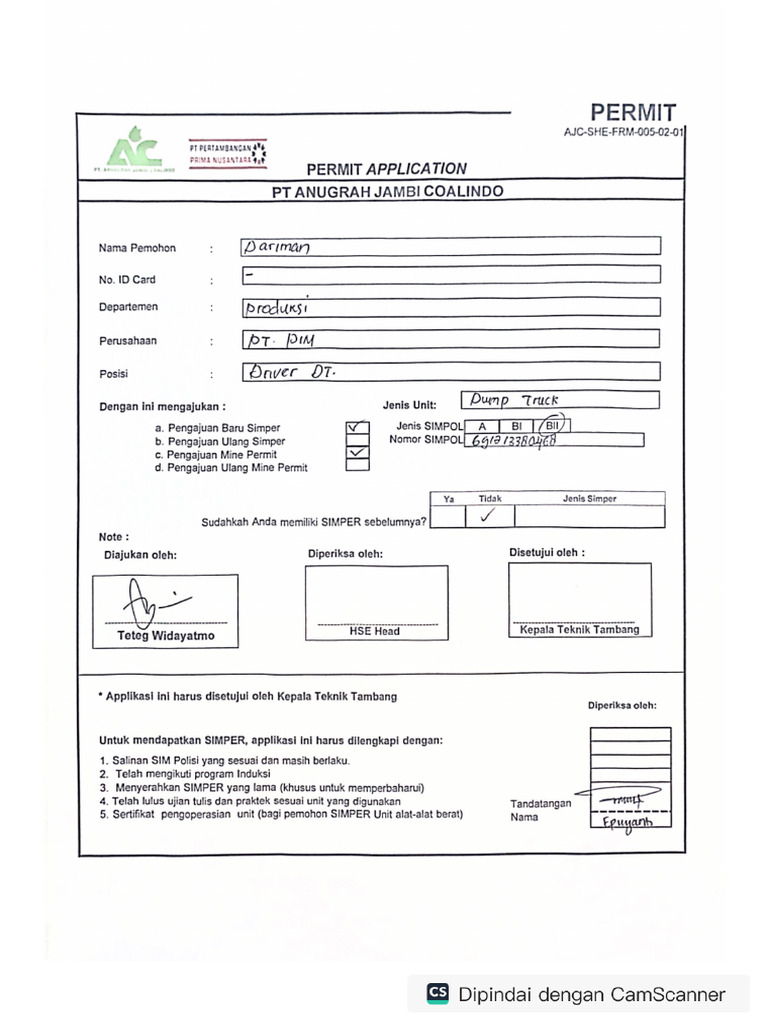 Surat Permohonan MP & SIMPER - Dariman | PDF
